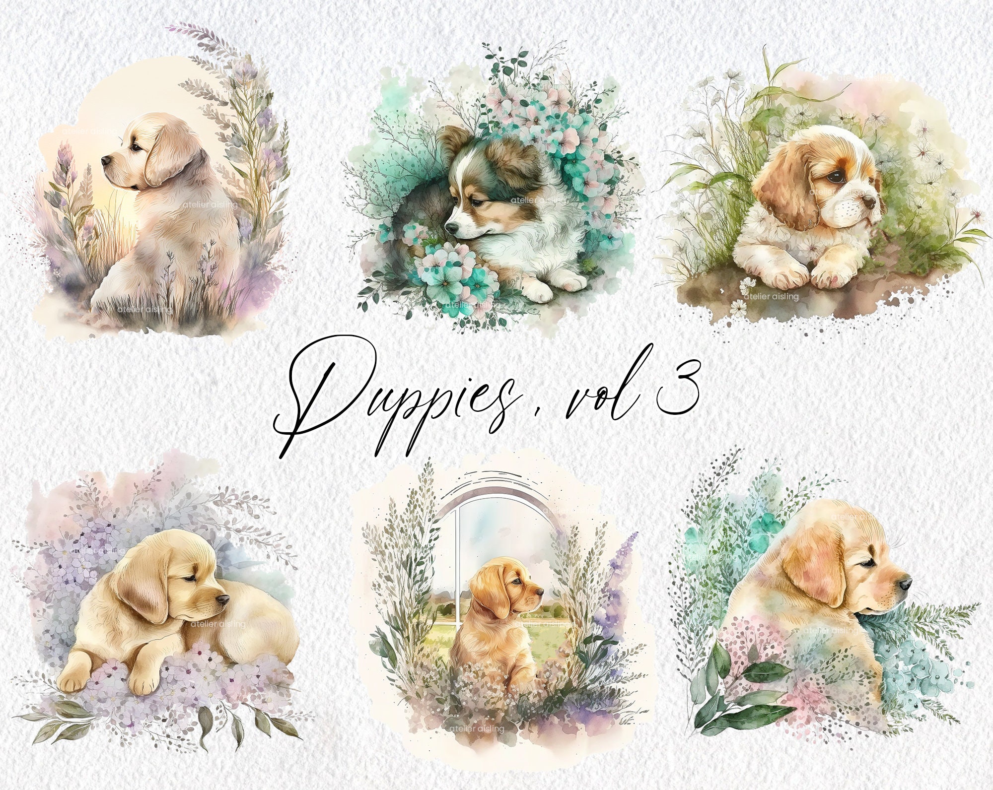 Cute Watercolor Puppy Portraits, Volume 3, Commercial Use Clipart ...