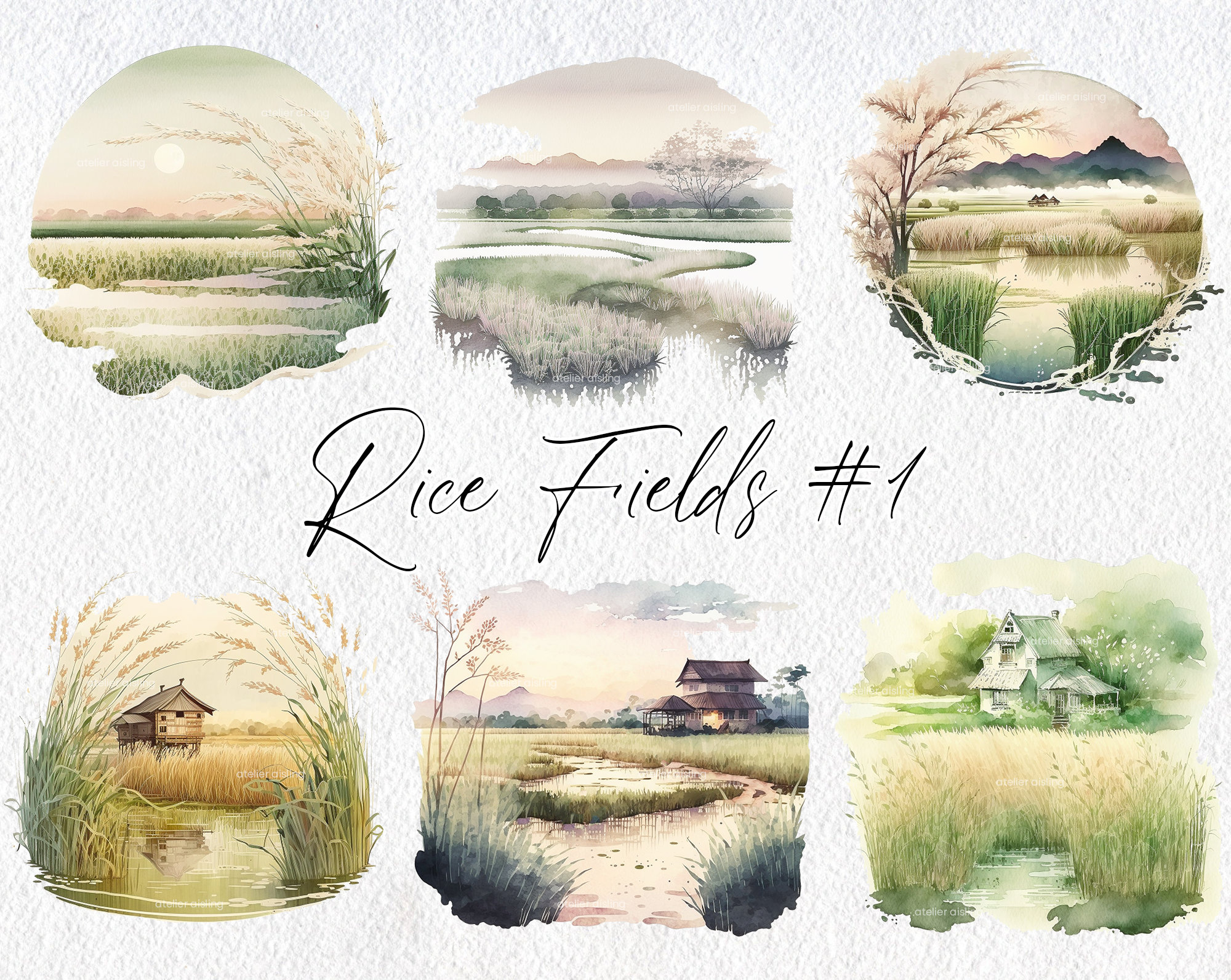 Cute Watercolor Rice Field Scenes Volume 1 Commercial Use - Etsy