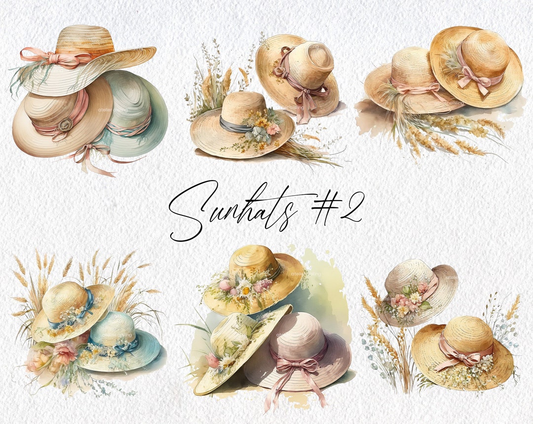 Cute Watercolor Sunhat Scenes, Volume 2, Commercial Use Clipart, Beach ...