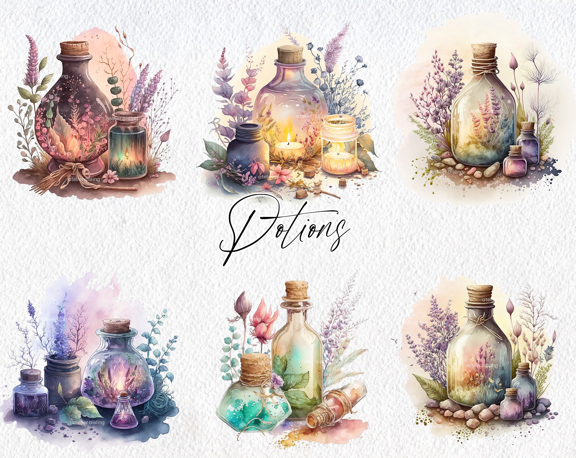 Cute Watercolor Potions Scenes, Commercial Use Clipart, Witch Clipart ...