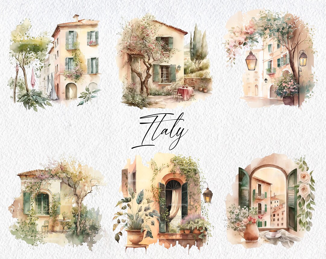 Cute Watercolor Italy Scenes, Commercial Use Clipart, Italian Clipart ...