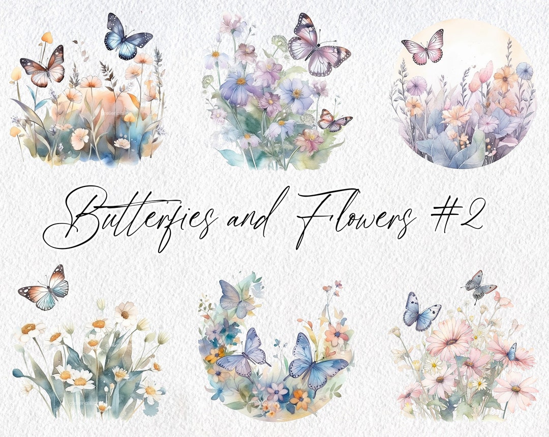 Cute Watercolor Butterflies and Flowers Scenes, Volume 2, Commercial ...