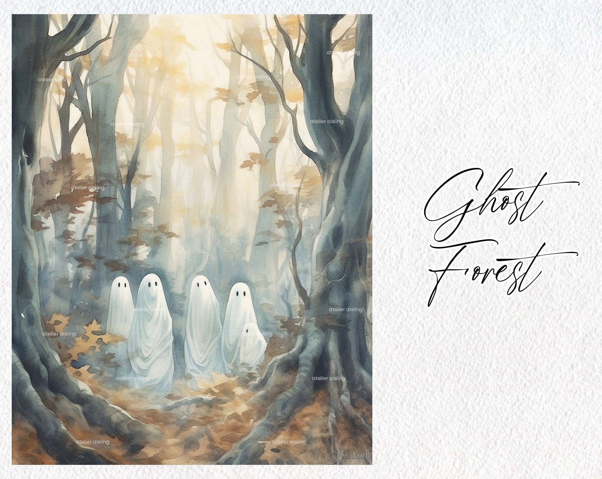 Cute Watercolor Ghost Forest Scene, Commercial Use Clipart, Scrapbook ...
