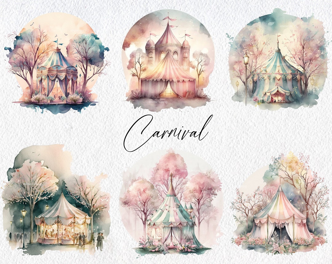 Cute Watercolor Carnival Scene Clipart, Commercial Use Clipart ...