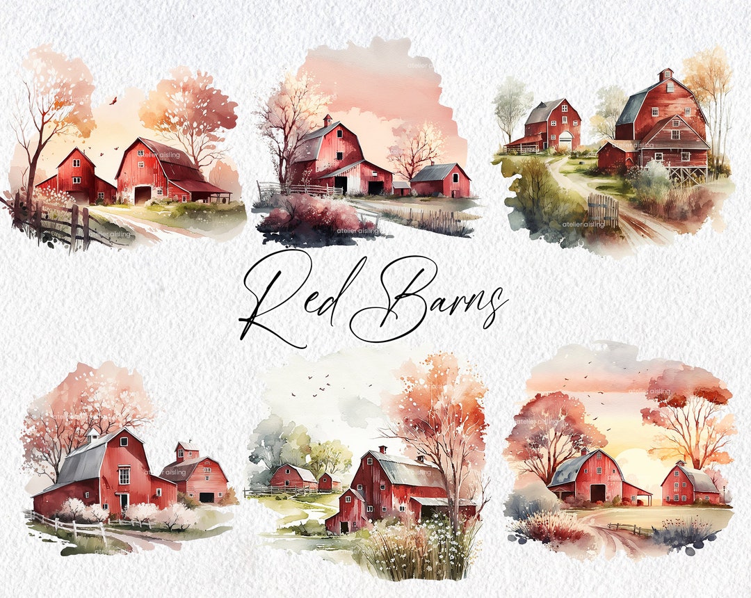 Cute Watercolor Red Barn Scenes, Commercial Use Clipart, Farm Clipart ...