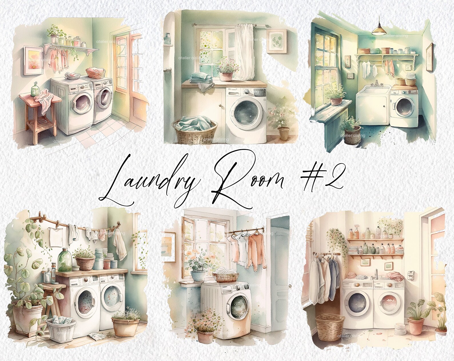 Cute Watercolor Laundry Room Scenes, Volume 2, Commercial Use Clipart ...
