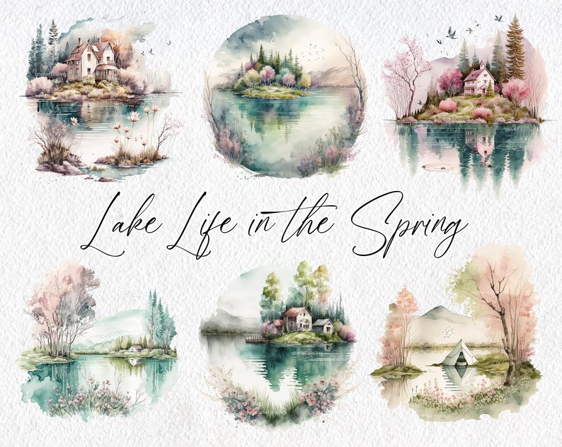Cute Watercolor Lake Life in the Spring Scenes, Commercial Use Clipart ...