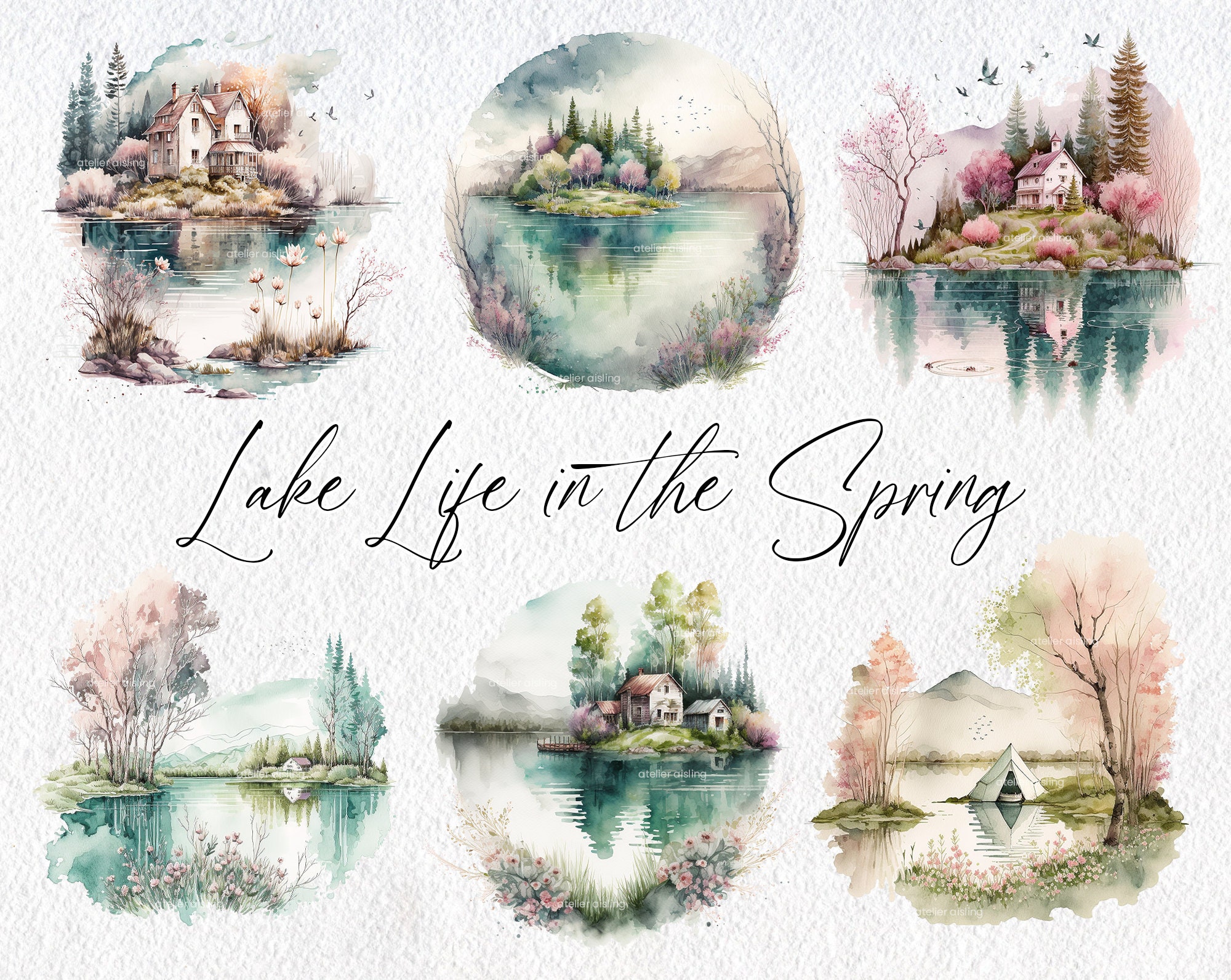 Cute Watercolor Lake Life in the Spring Scenes, Commercial Use Clipart ...