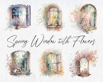Cute Watercolor Spring Windows With Flowers Scenes, Commercial Use ...
