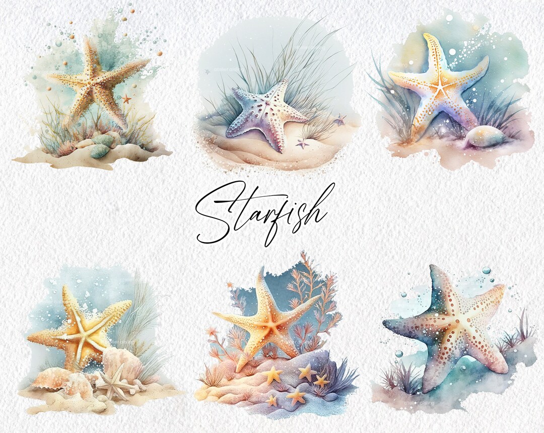 Cute Watercolor Starfish Scenes, Commercial Use Clipart, Beach Clipart ...