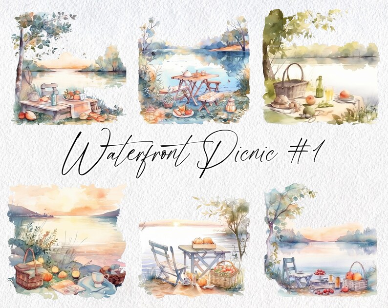 Cute Watercolor Waterfront Picnic Scenes, Volume 1, Commercial Use ...