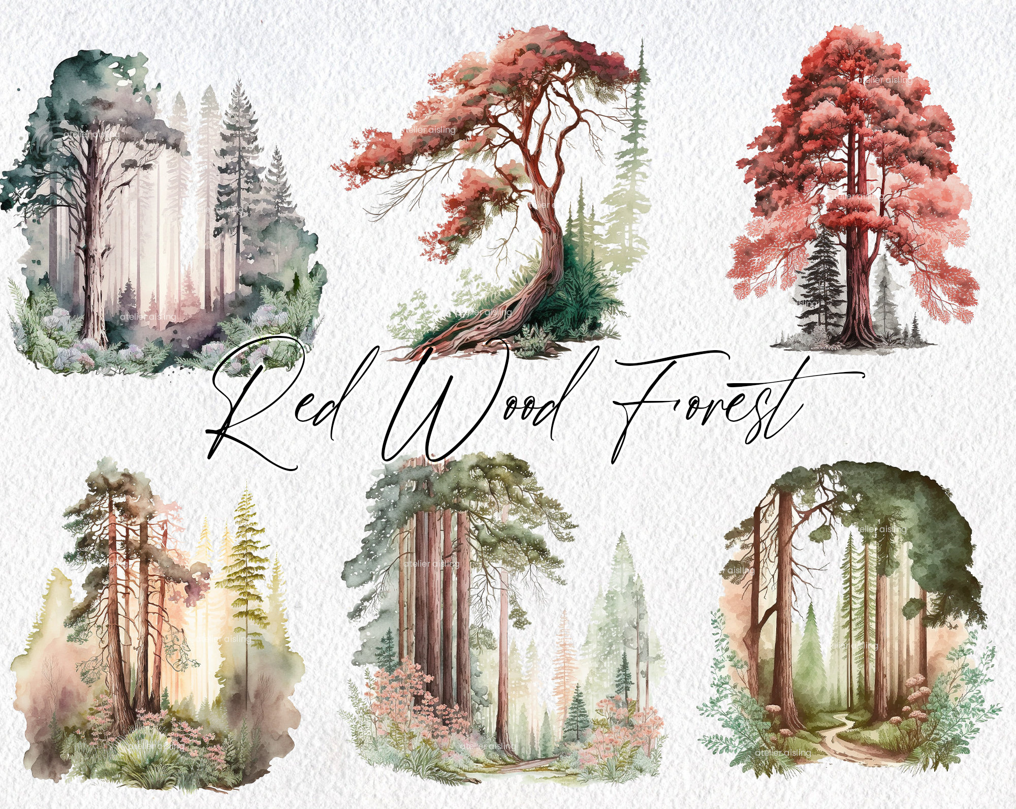 Cute Watercolor Red Wood Forest Scenes, Commercial Use Clipart, Forest ...