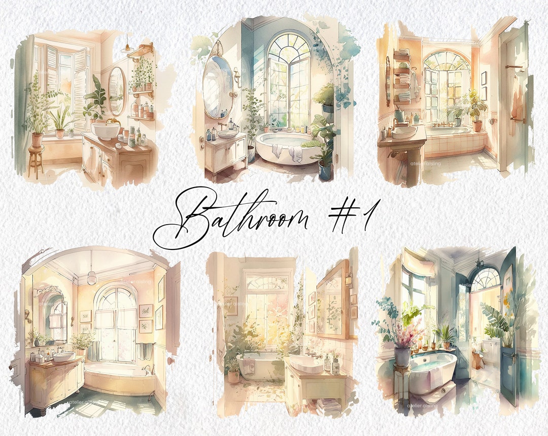 Cute Watercolor Bathroom Scenes, Volume 1, Commercial Use Clipart, Home ...