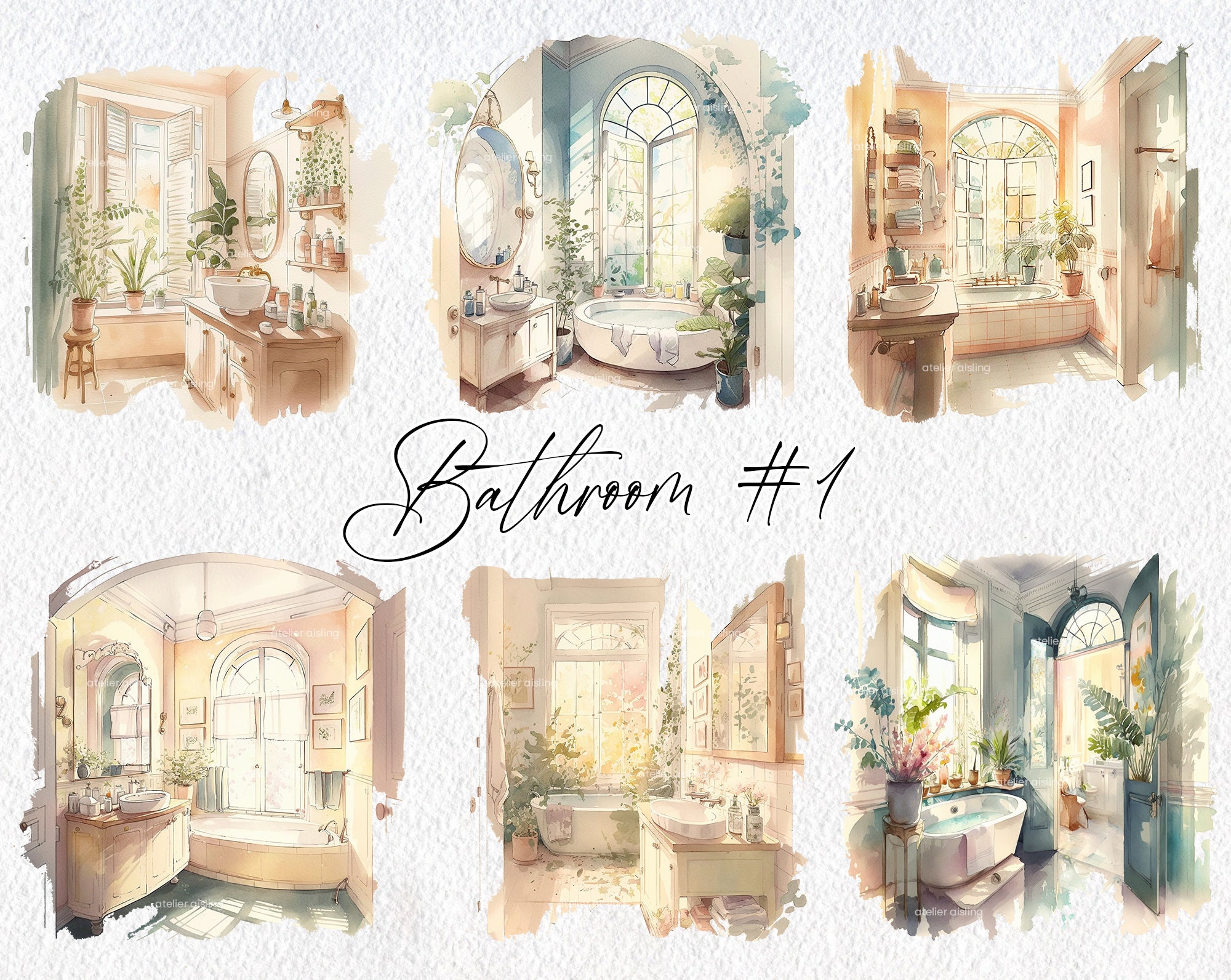 Cute Watercolor Bathroom Scenes, Volume 1, Commercial Use Clipart, Home ...