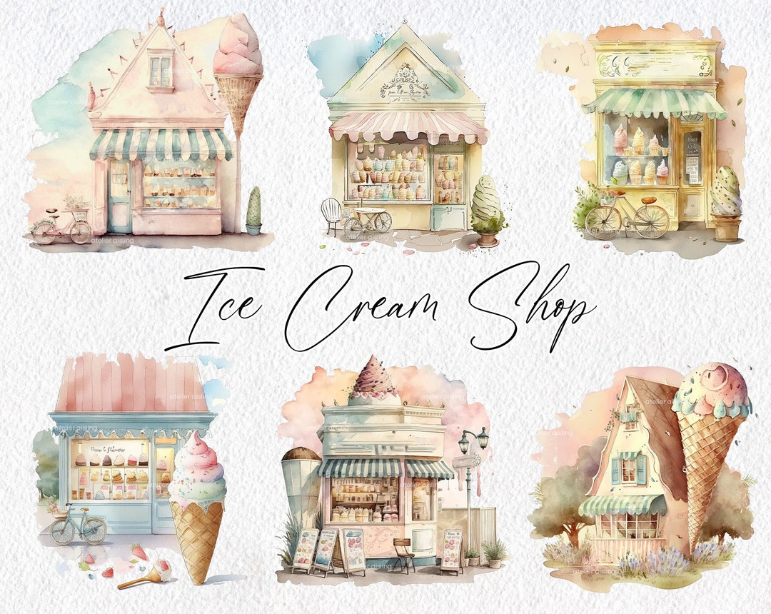 Cute Watercolor Ice Cream Shop Scenes, Commercial Use Clipart, Stand ...