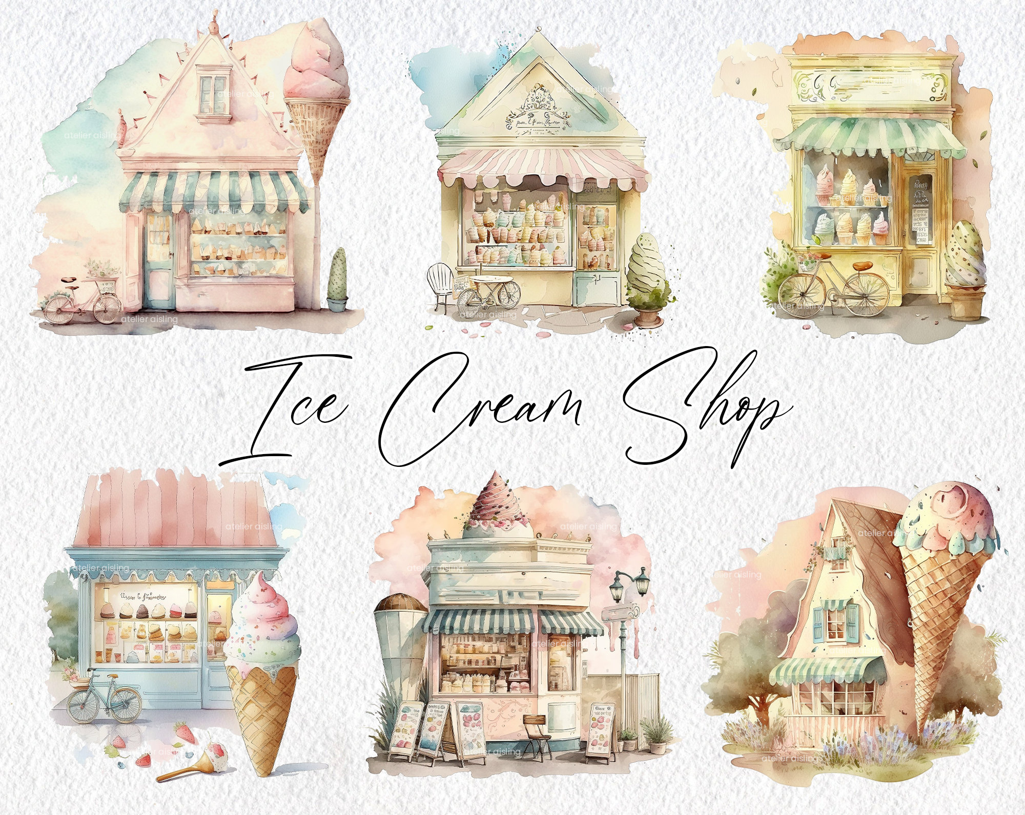 Cute Watercolor Ice Cream Shop Scenes, Commercial Use Clipart, Stand ...
