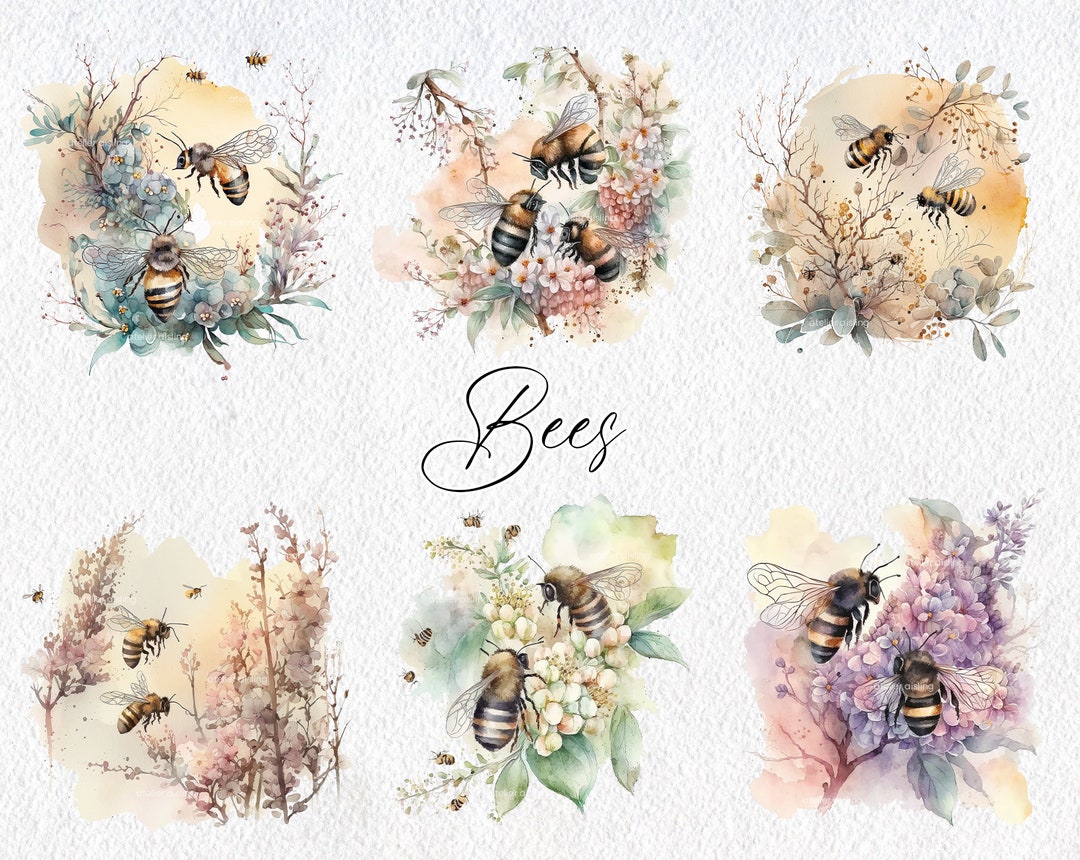 Cute Watercolor Bees Scenes, Commercial Use Clipart, Bee Clipart ...
