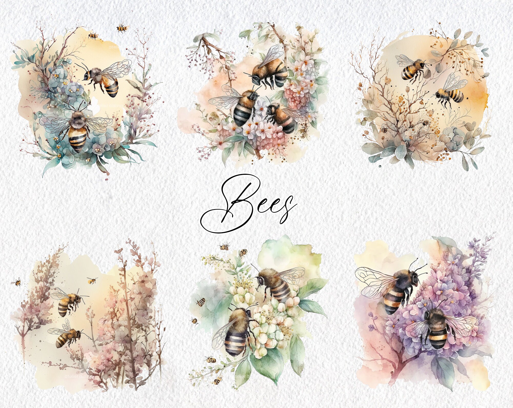 Cute Watercolor Bees Scenes Commercial Use Clipart Bee - Etsy