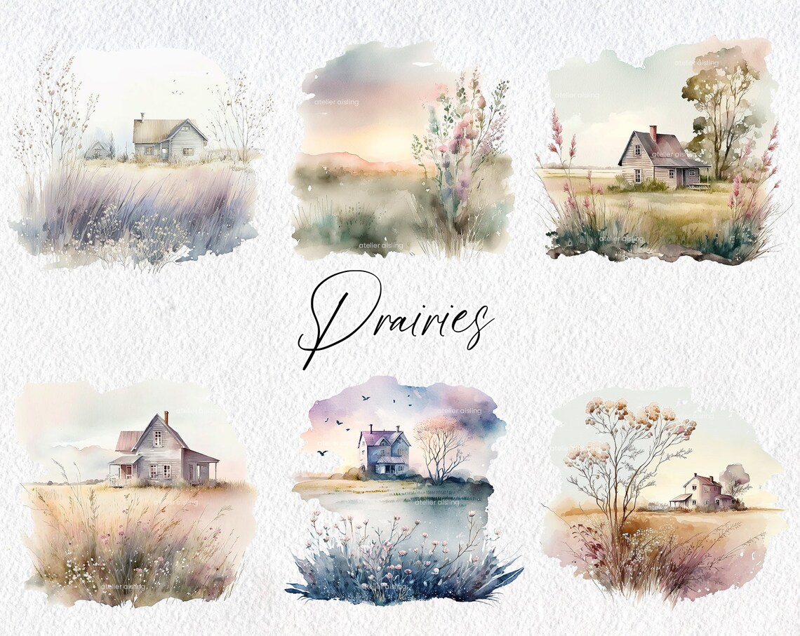 Cute Watercolor Prairie Scenes Commercial Use Clipart Field - Etsy