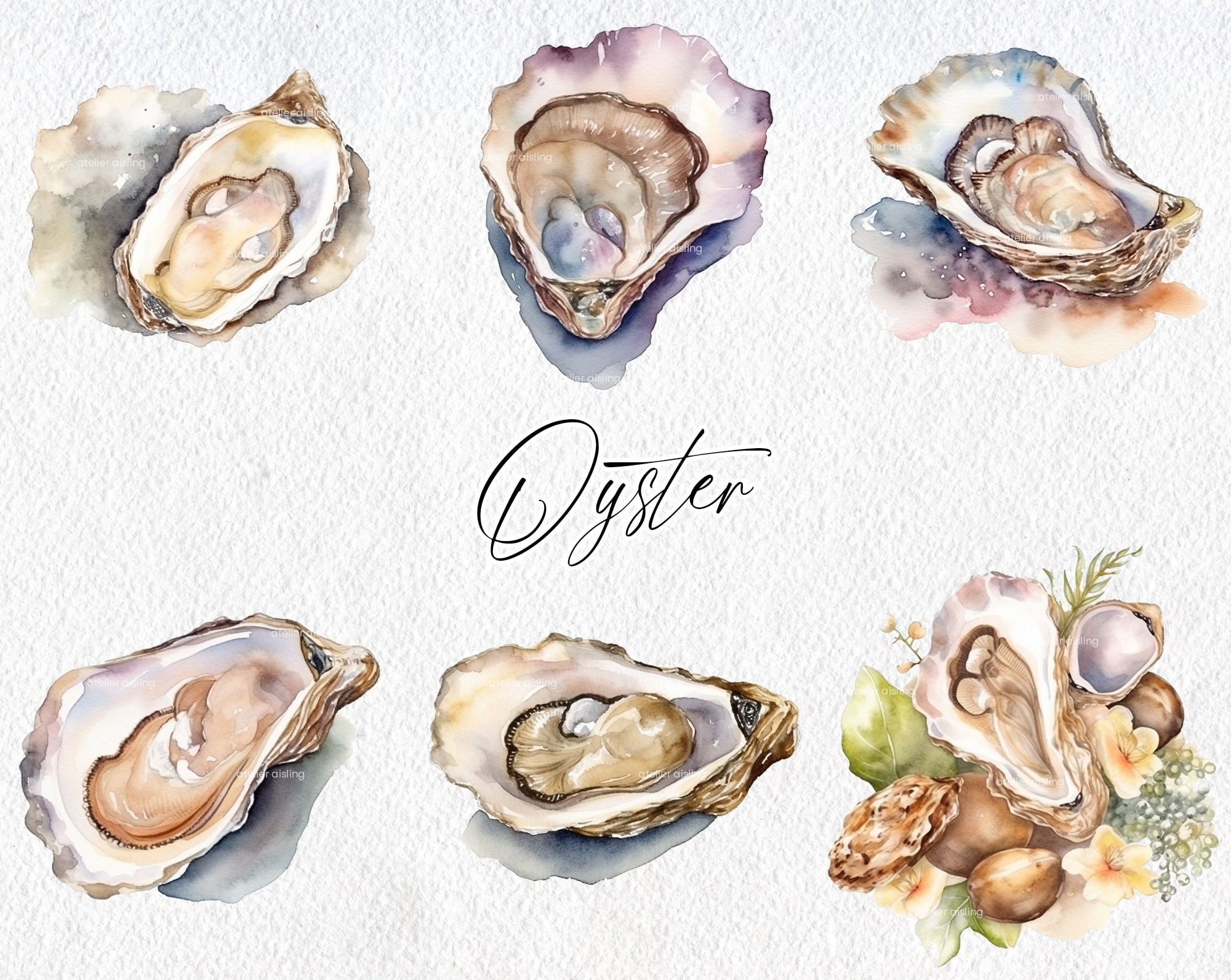 Cute Watercolor Oyster Scenes, Commercial Use Clipart, Beach Clipart ...