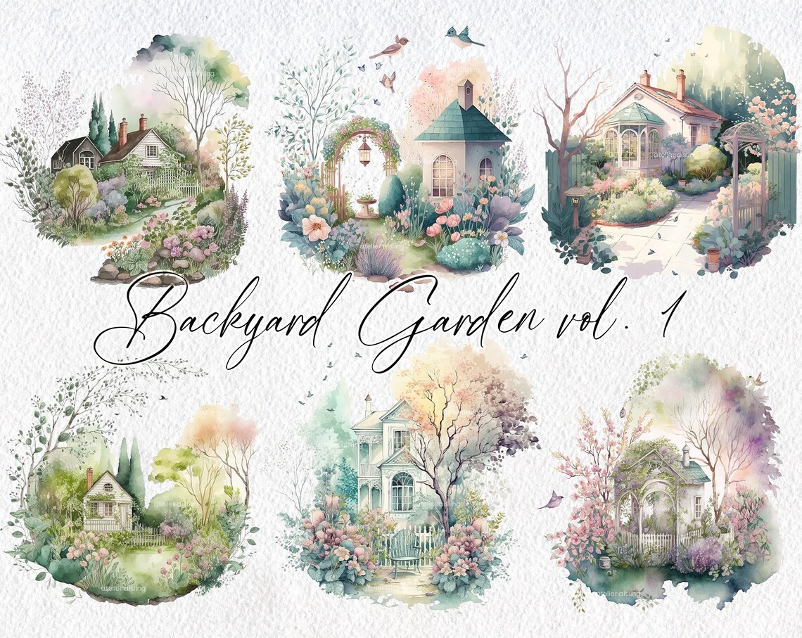 Cute Watercolor Backyard Gardens Scenes Volume 1 Commercial - Etsy