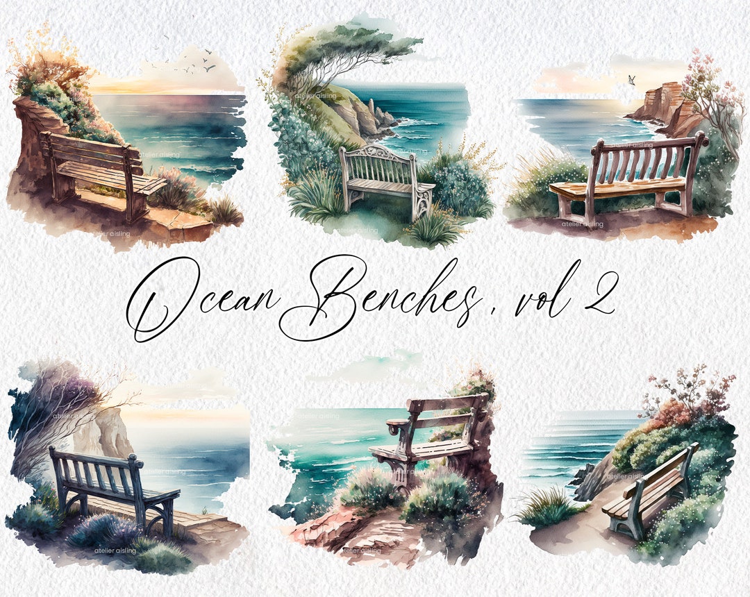 Cute Watercolor Ocean Benches Scenes, Volume 2, Commercial Use Clipart ...