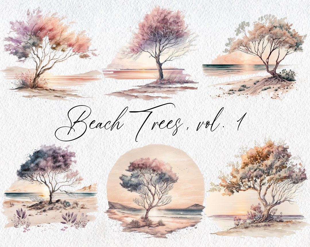Cute Watercolor Beach Tree Scenes, Volume 1, Commercial Use Clipart ...