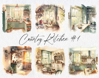 Cute Watercolor Cottage Kitchen Scenes Volume 1 Commercial - Etsy