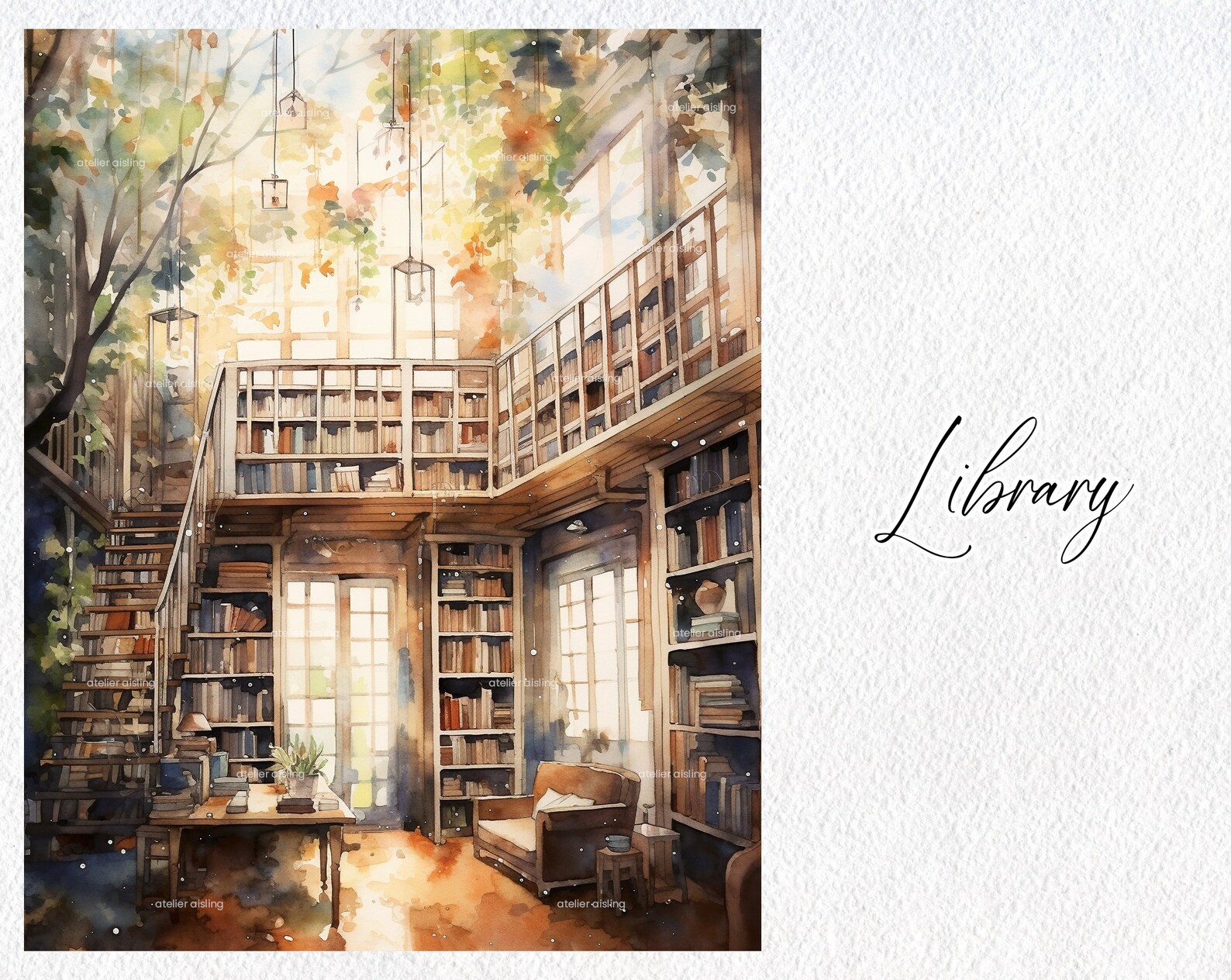 Cute Watercolor Library Scene, Commercial Use Clipart, Scrapbook ...