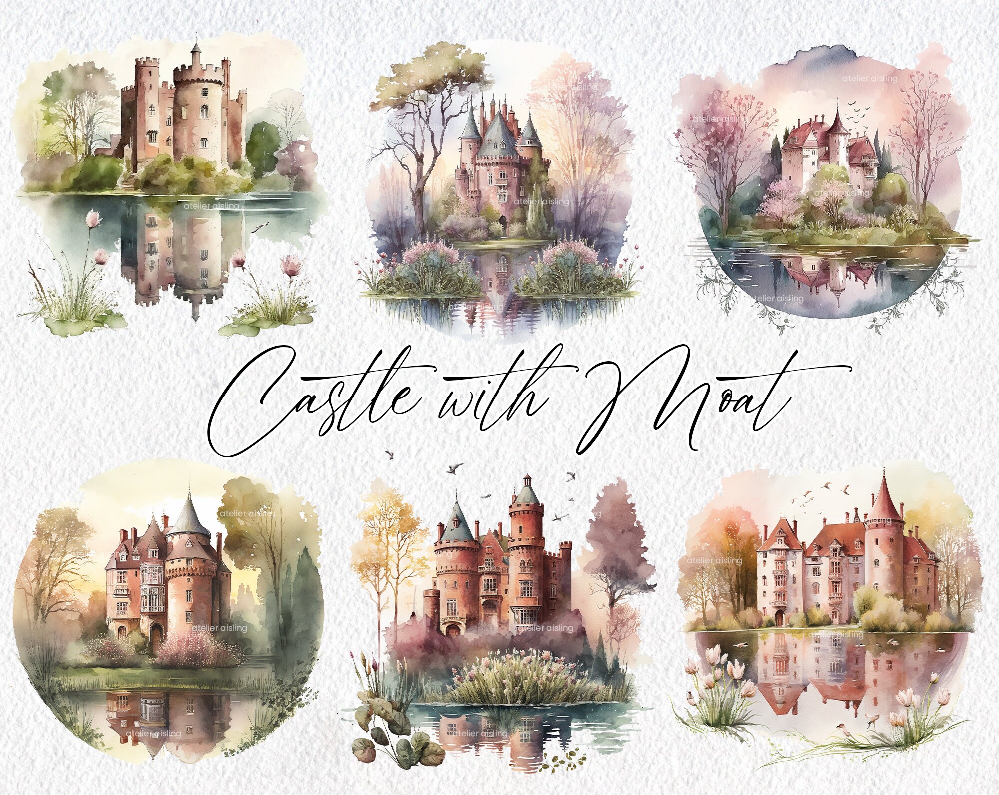 Cute Watercolor Castle With Moat Scenes, Commercial Use Clipart ...