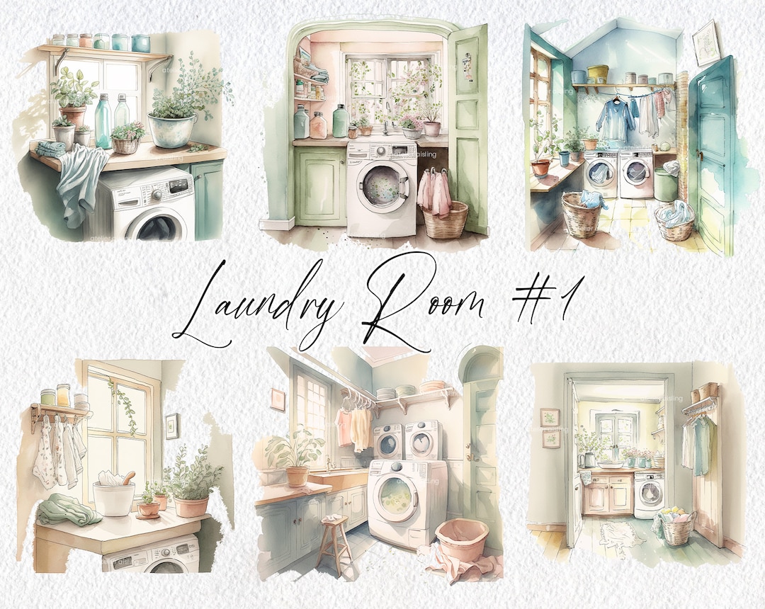 Cute Watercolor Laundry Room Scenes, Volume 1, Commercial Use Clipart ...