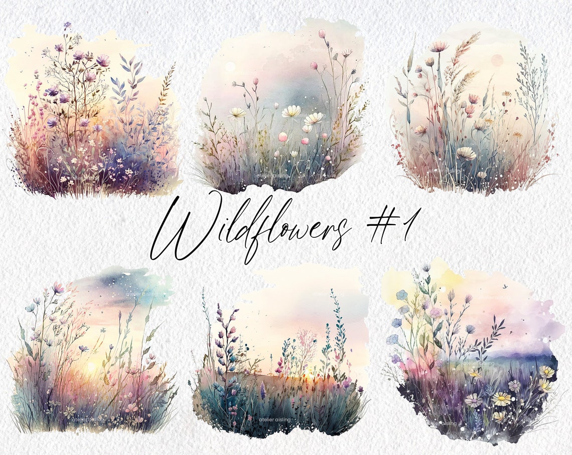 Cute Watercolor Wildflower Scenes, Volume 1, Commercial Use Clipart ...