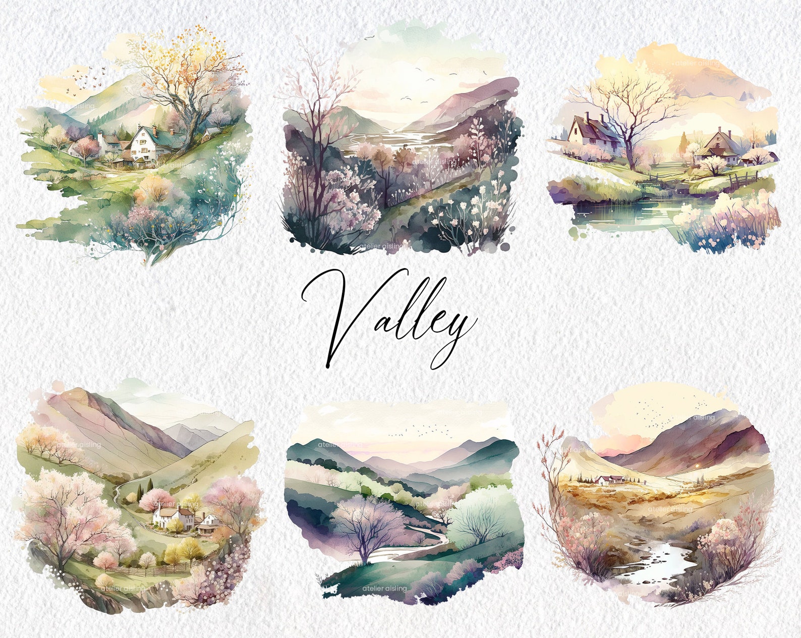Cute Watercolor Valley Scenes, Commercial Use Clipart, Spring Clipart ...