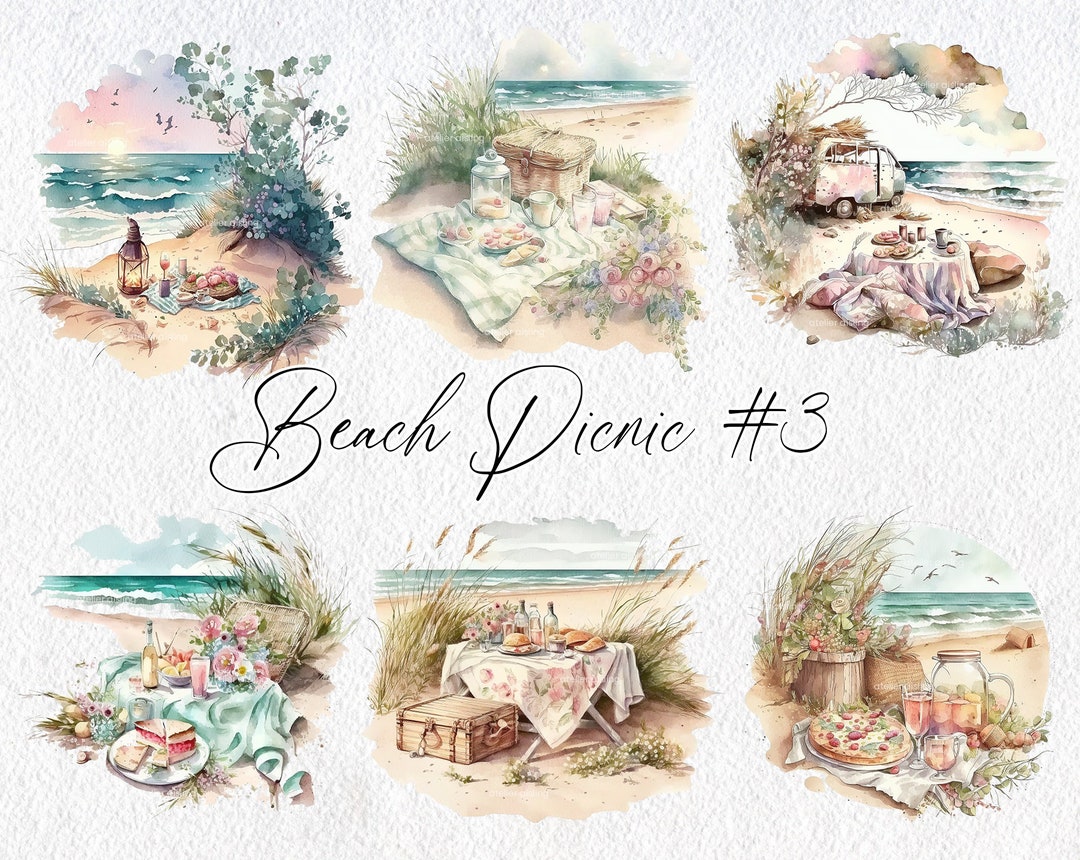 Cute Watercolor Beach Picnic Scenes, Volume 3, Commercial Use Clipart ...