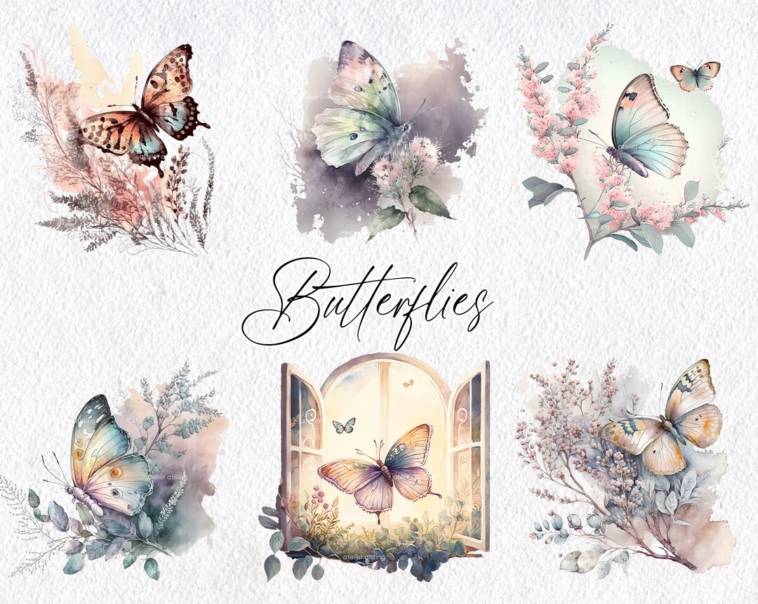Cute Watercolor Butterflies Scenes, Commercial Use Clipart, Butterfly ...