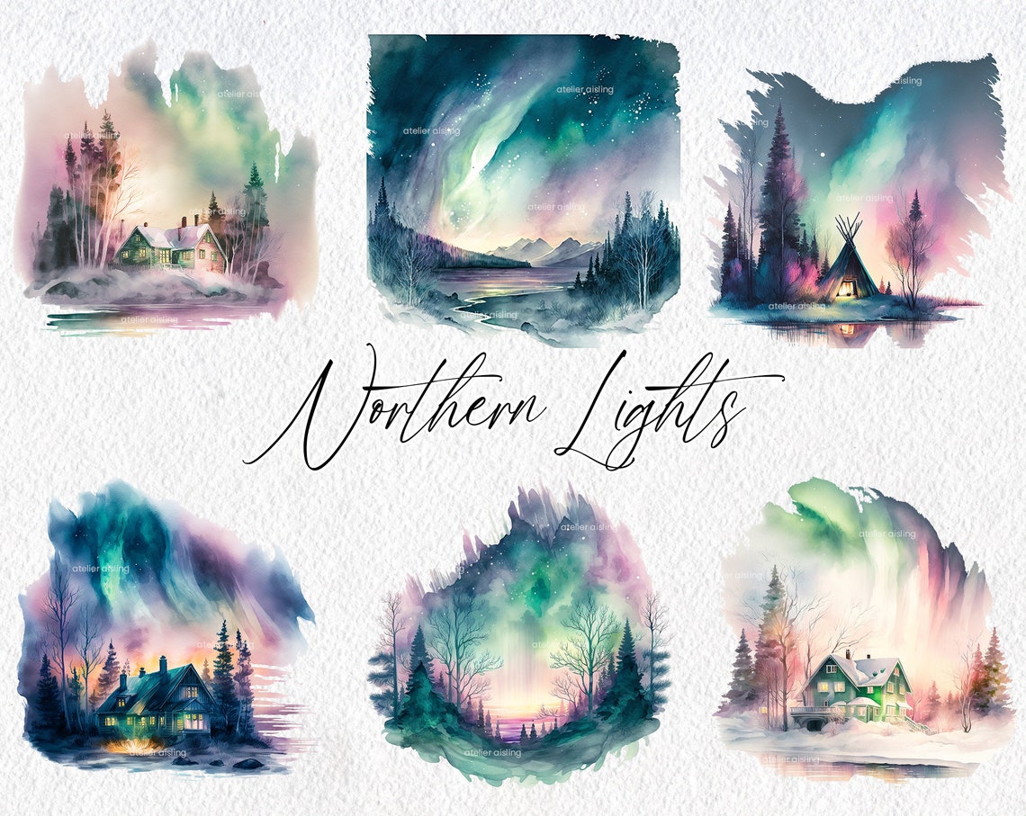 Cute Watercolor Northern Lights Scene, Commercial Use Clipart, Sky ...