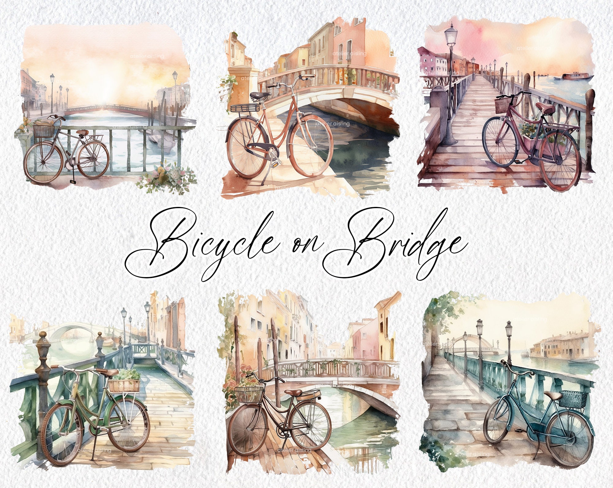 Cute Watercolor Bicycle on Bridge Scenes, Commercial Use Clipart, Bike ...