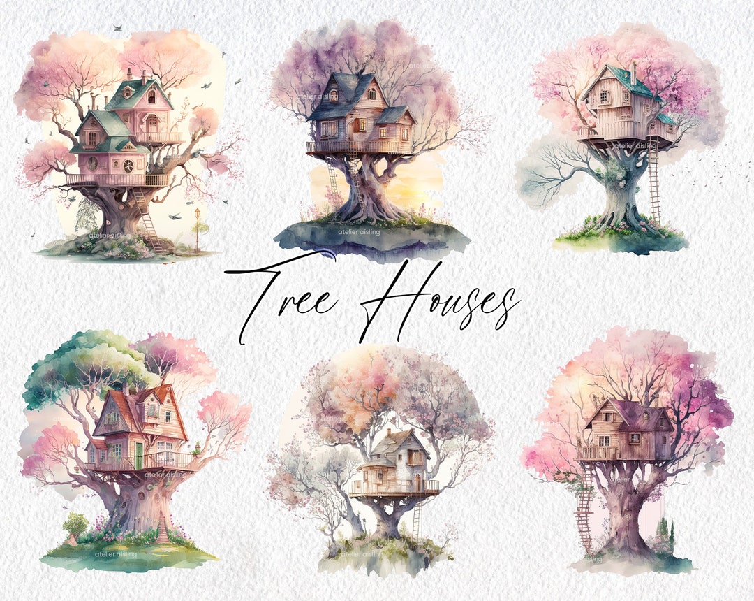 Cute Watercolor Spring Tree House Scenes Commercial Use - Etsy