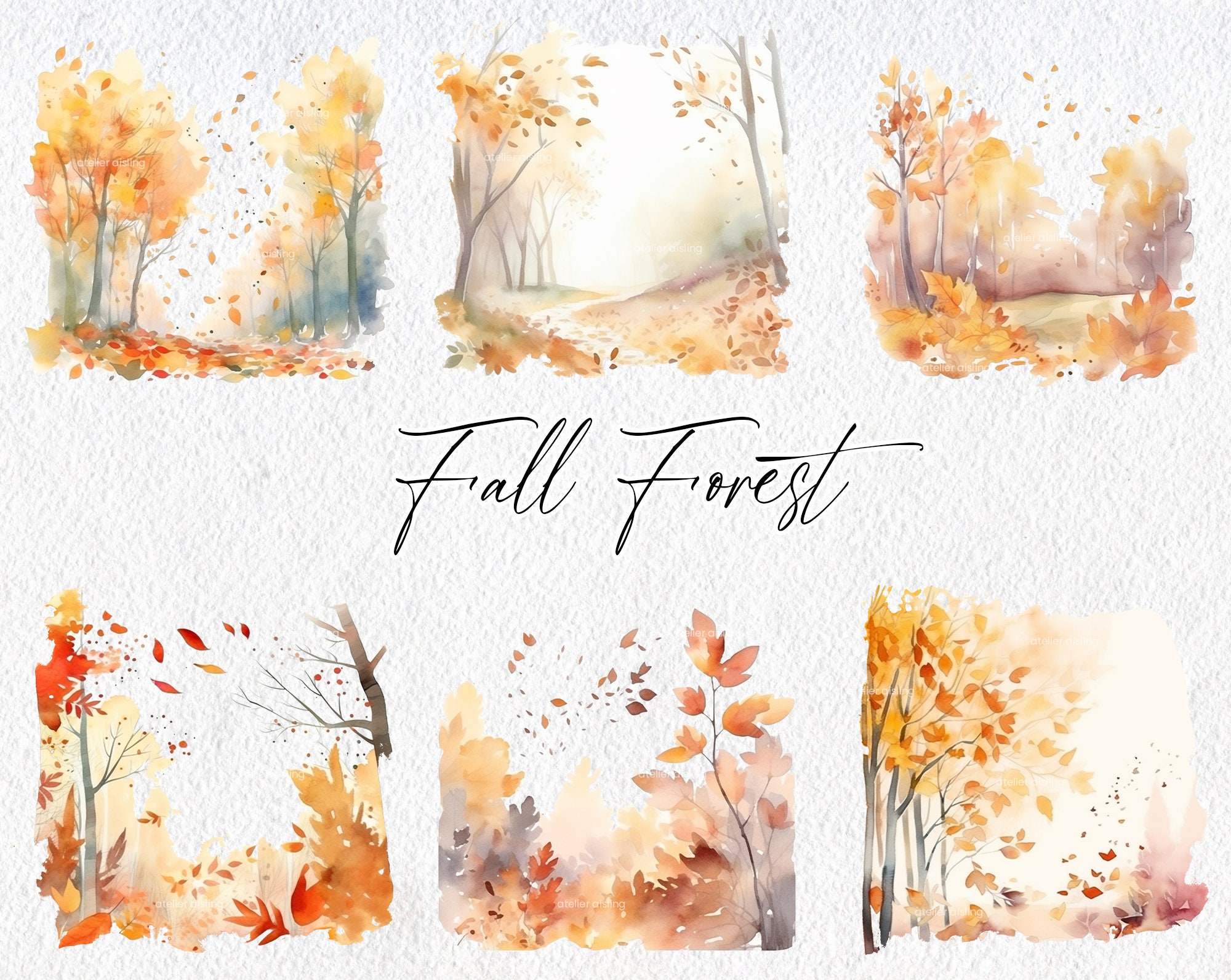 Cute Watercolor Fall Forest Scene, Commercial Use Clipart, Fall Clipart ...