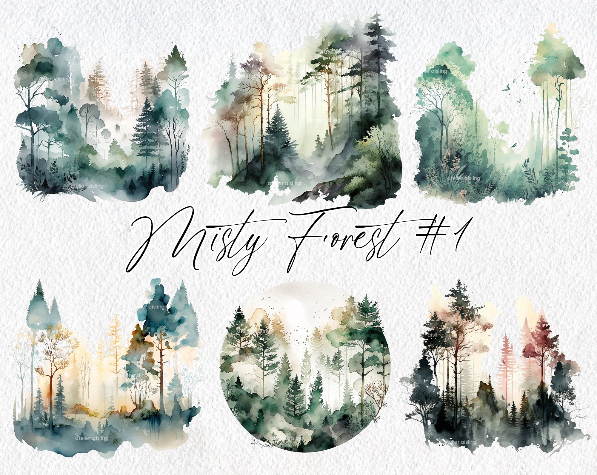 Cute Watercolor Misty Forest Scenes, Volume 1, Commercial Use Clipart ...