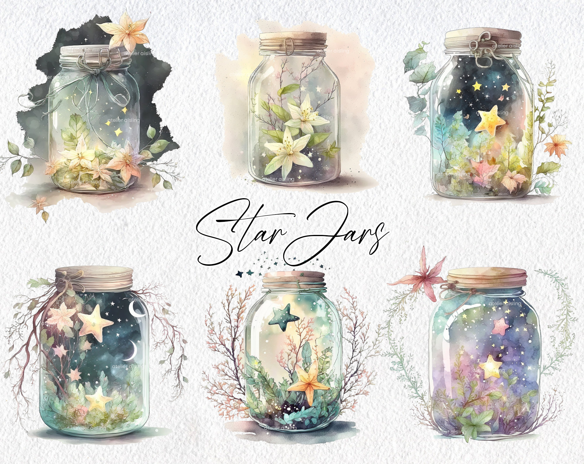 Cute Watercolor Star Jar Clipart, Commercial Use Clipart, Star Clipart ...