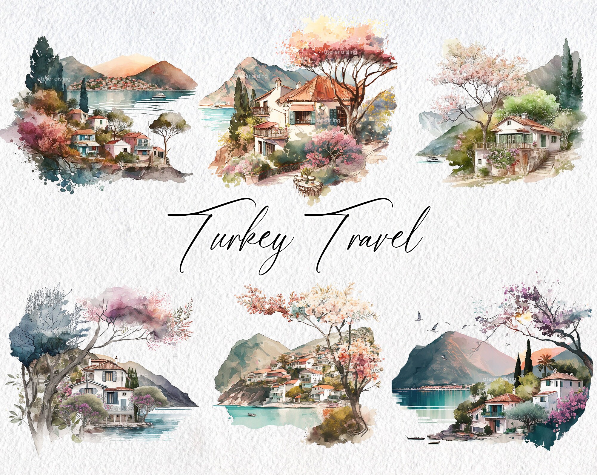 Cute Watercolor Turkey Scenes, Commercial Use Clipart, Travel Clipart ...