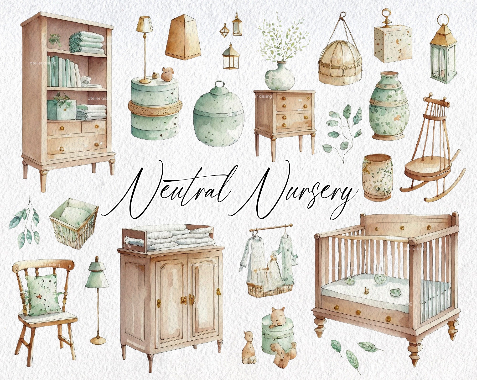 Cute Watercolor Neutral Nursery Clipart Set, Commercial Use Clipart ...