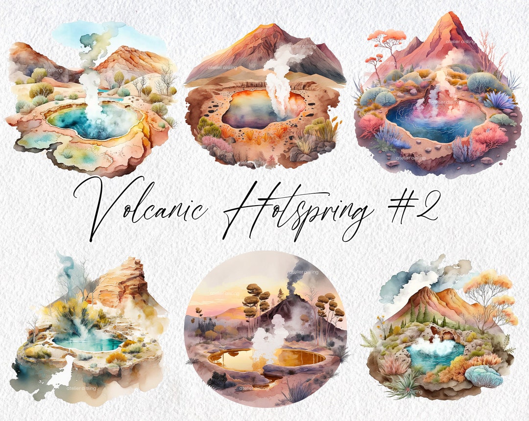 Cute Watercolor Volcanic Hotspring Scenes, Volume 2, Commercial Use ...