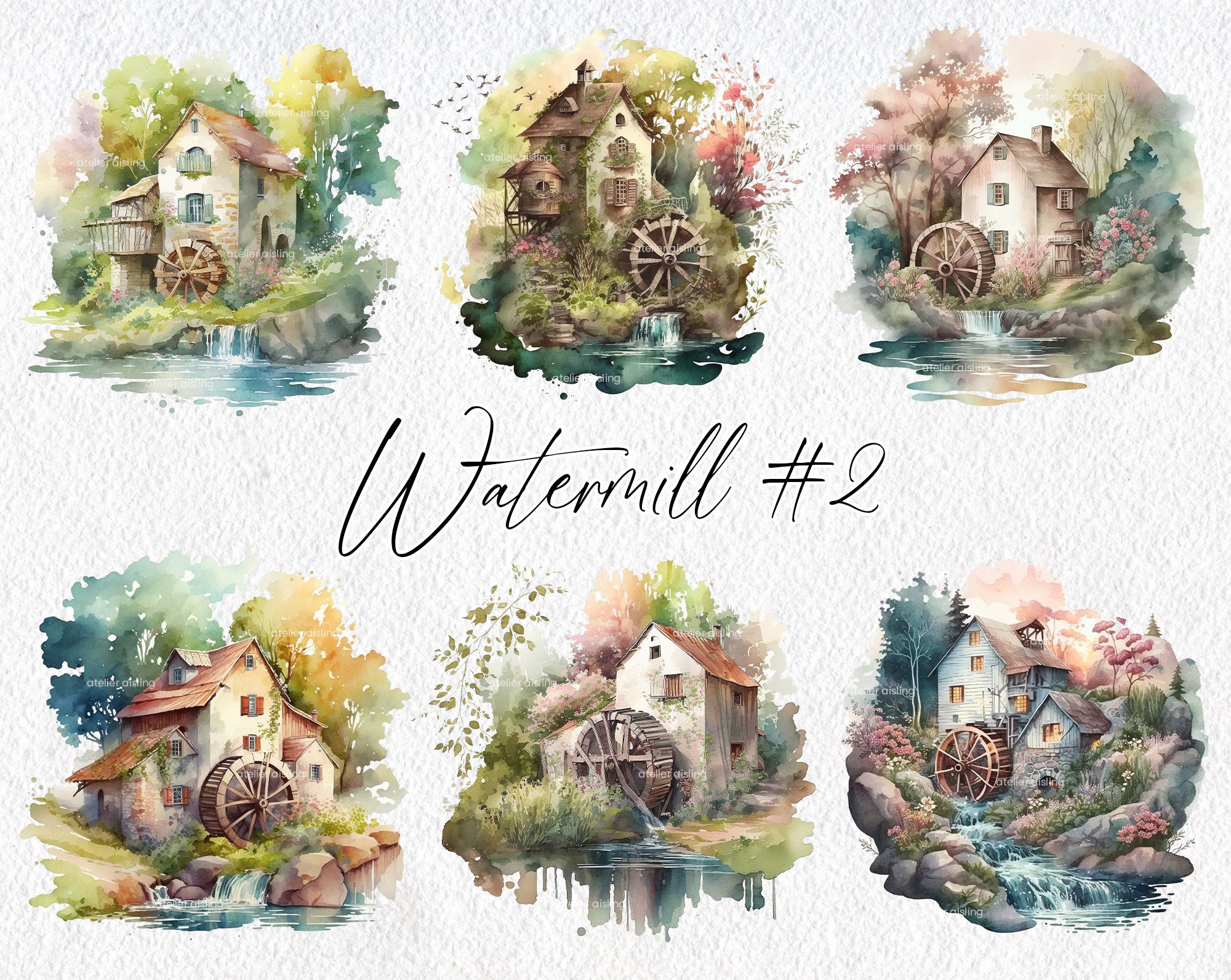 Cute Watercolor Watermill Scenes, Volume 2, Commercial Use Clipart ...