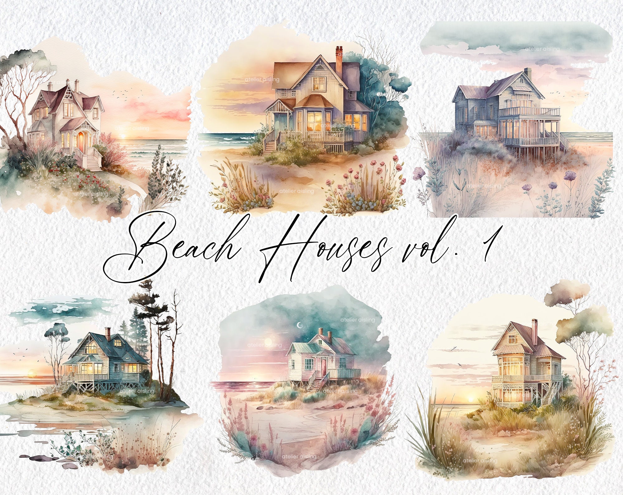 Cute Watercolor Beach House Scenes, Volume 1, Commercial Use Clipart ...