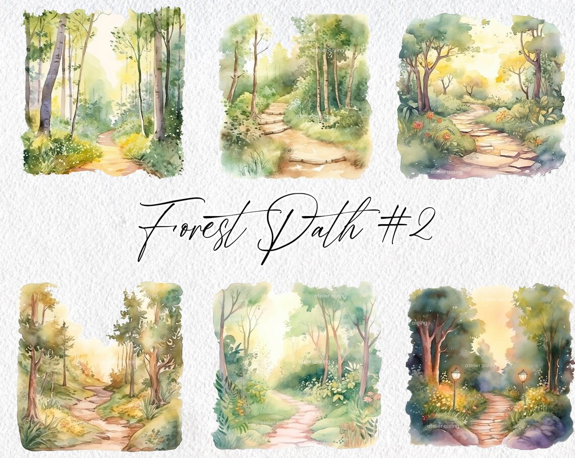 Cute Watercolor Forest Path Scenes, Volume 2, Commercial Use Clipart ...