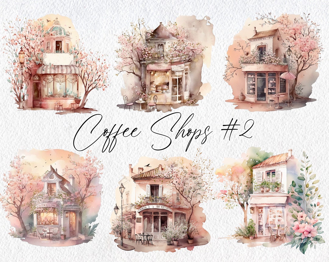 Cute Watercolor Coffee Shop Scenes, Volume 2, Commercial Use Clipart ...