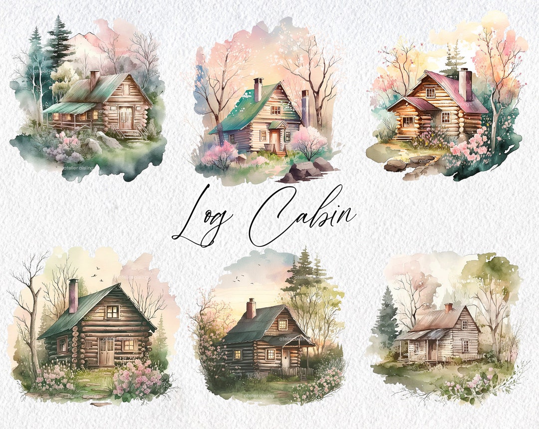 Cute Watercolor Log Cabin Scenes, Commercial Use Clipart, Home Clipart ...
