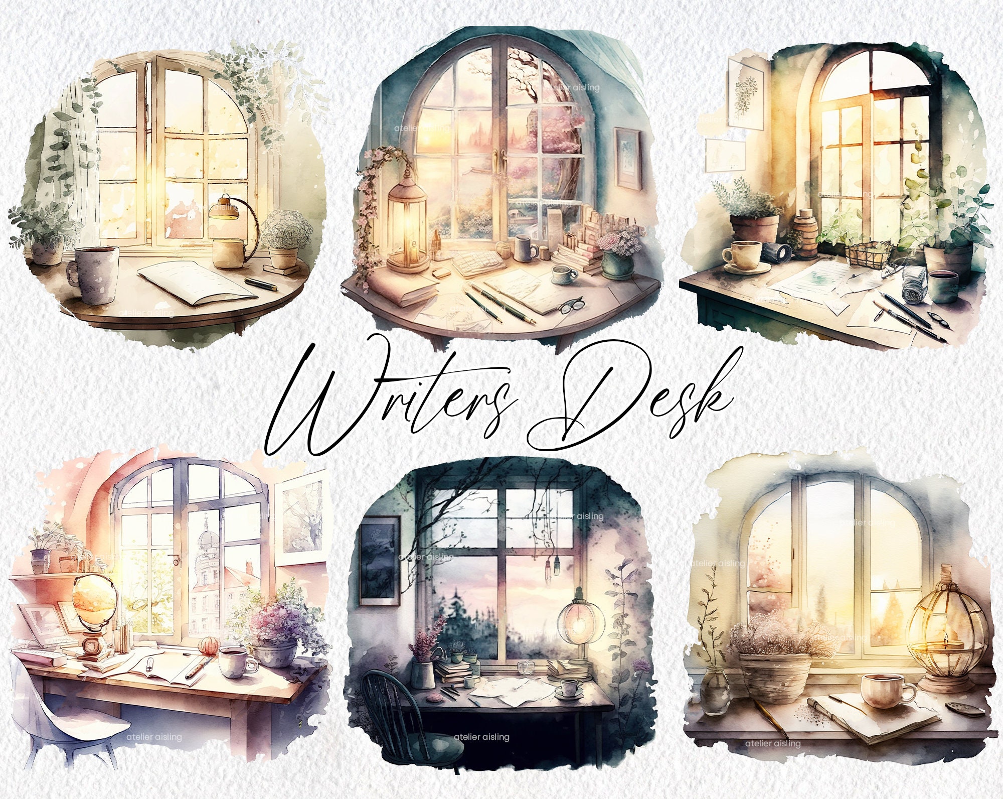 Cute Watercolor Writers Desk Scenes, Commercial Use Clipart, Window ...